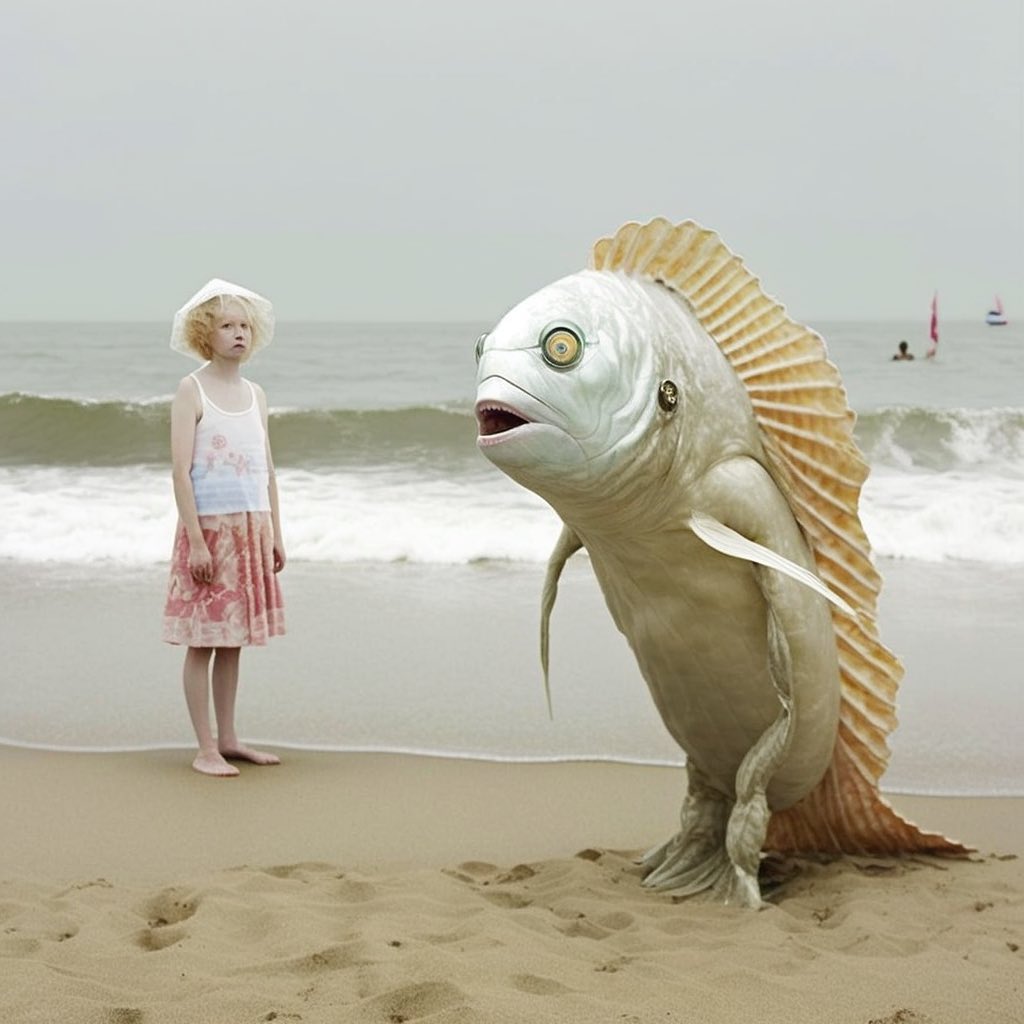 everydayyokai: Child and Giant Fish Beach AI Art